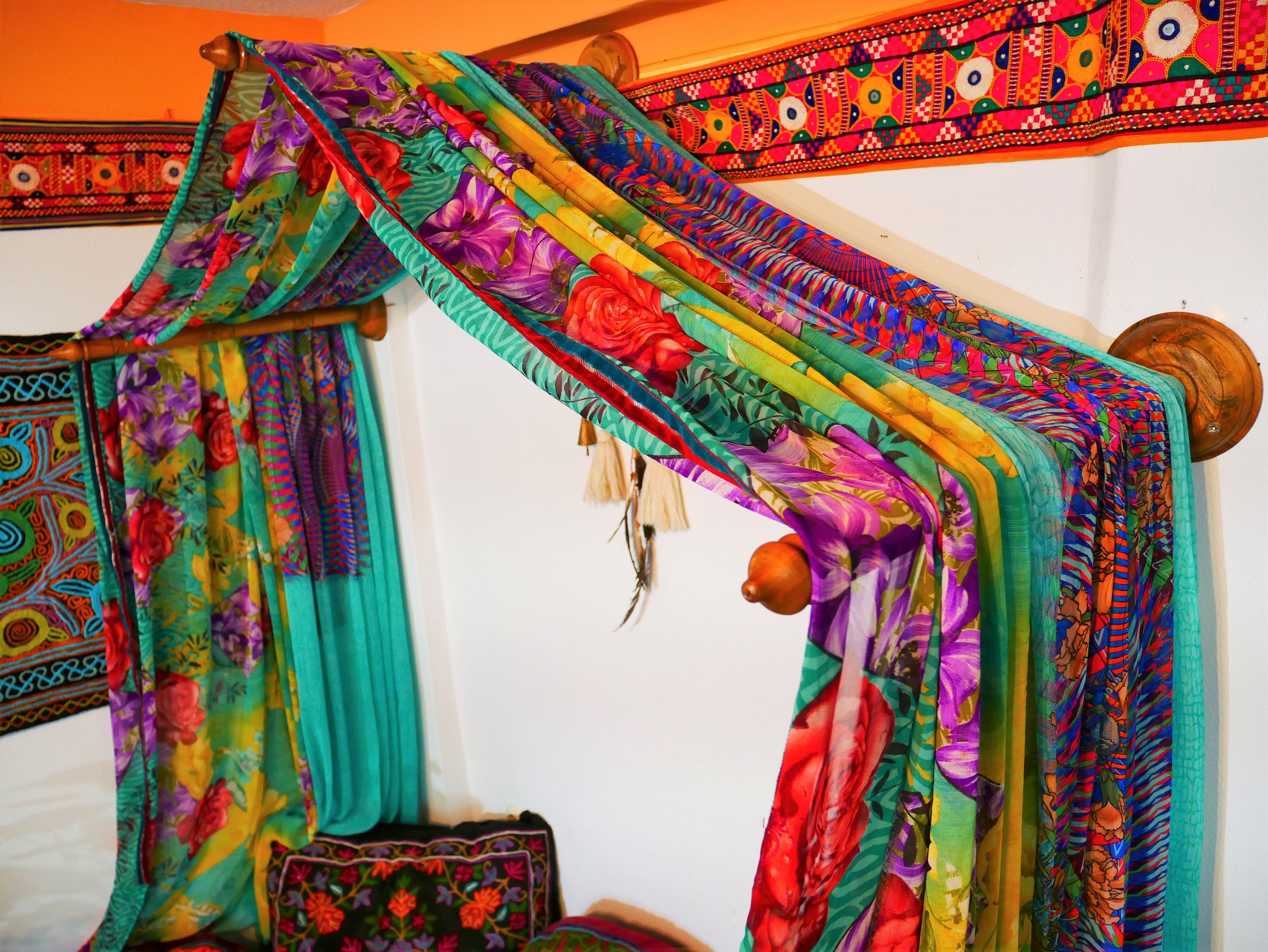 Saree Bed canopy - with handcrafted walnut wood rods and vintage Indian ...
