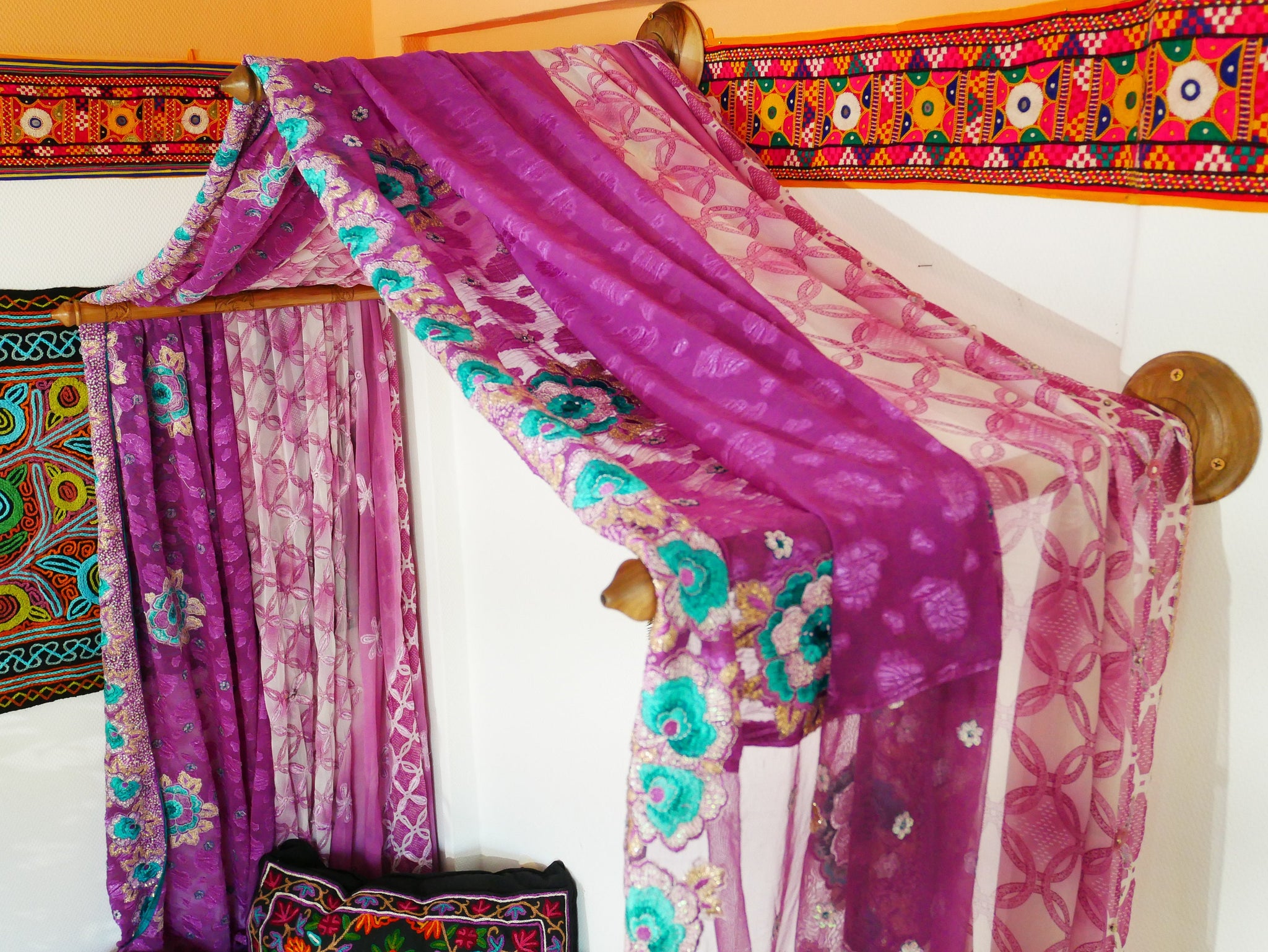 Saree canopy frame with handcrafted walnut wood rods | Boho bed canopy ...