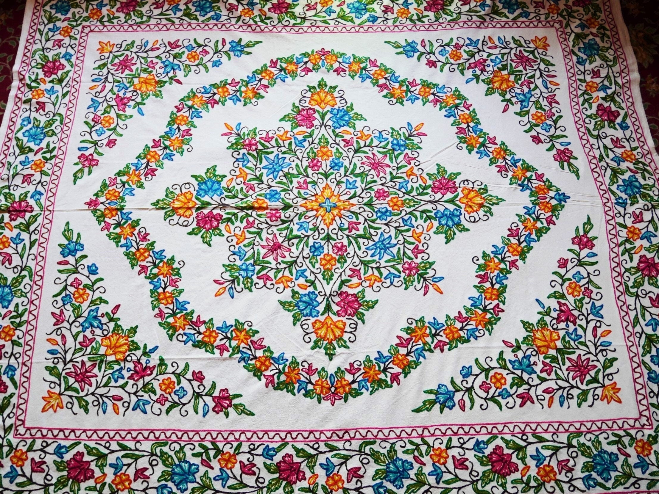 Kashmiri Crewel embroidery bed throw - Floral Design bohemian luxury ...